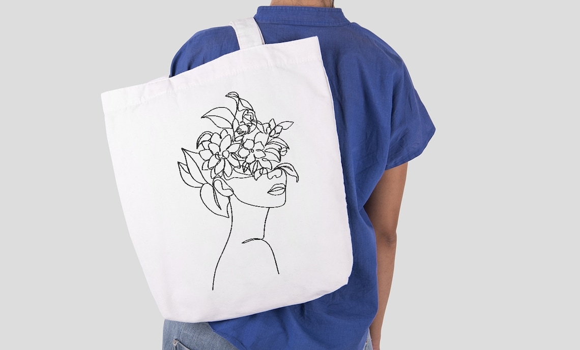 Woman With Flowers Embroidery Design One Line Art Embroidery - Etsy