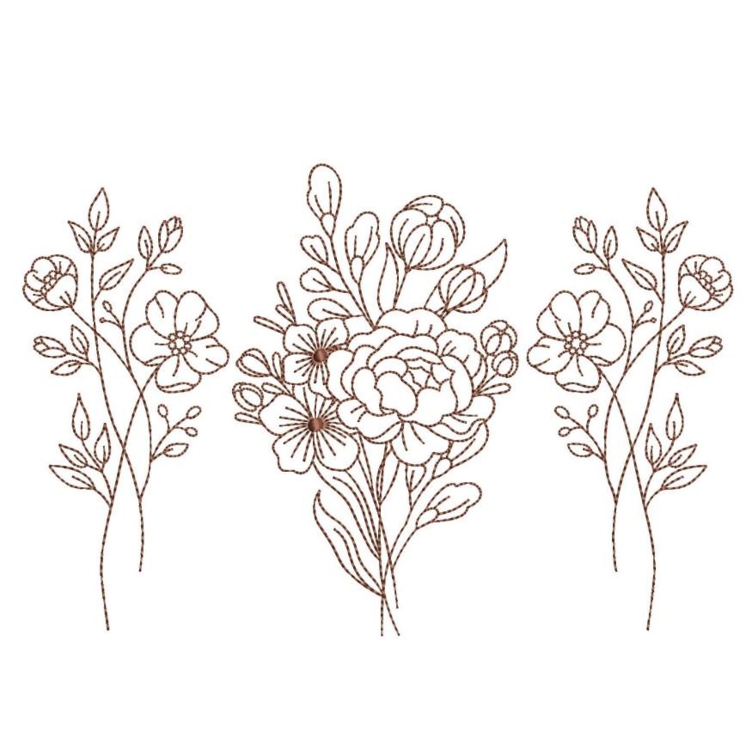 Flowers Line Art Machine Embroidery Design, 4 Sizes, Instant Download ...