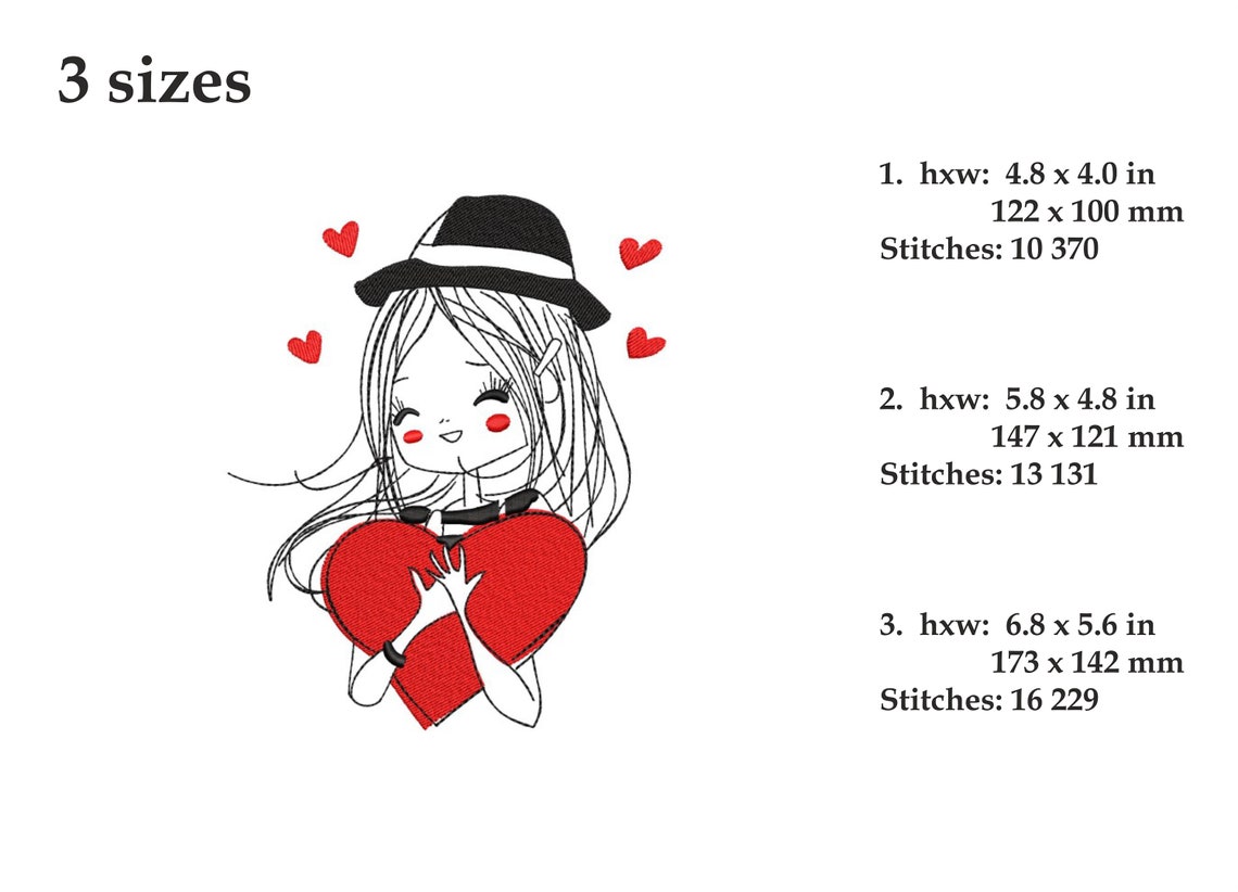 Cute Girl With a Heart Embroidery Design Valentine's Day | Etsy