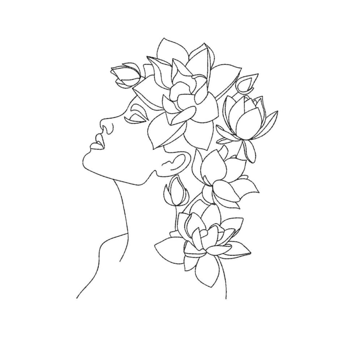 Woman With Flowers Embroidery Design, One Line Art Embroidery File, 5 ...