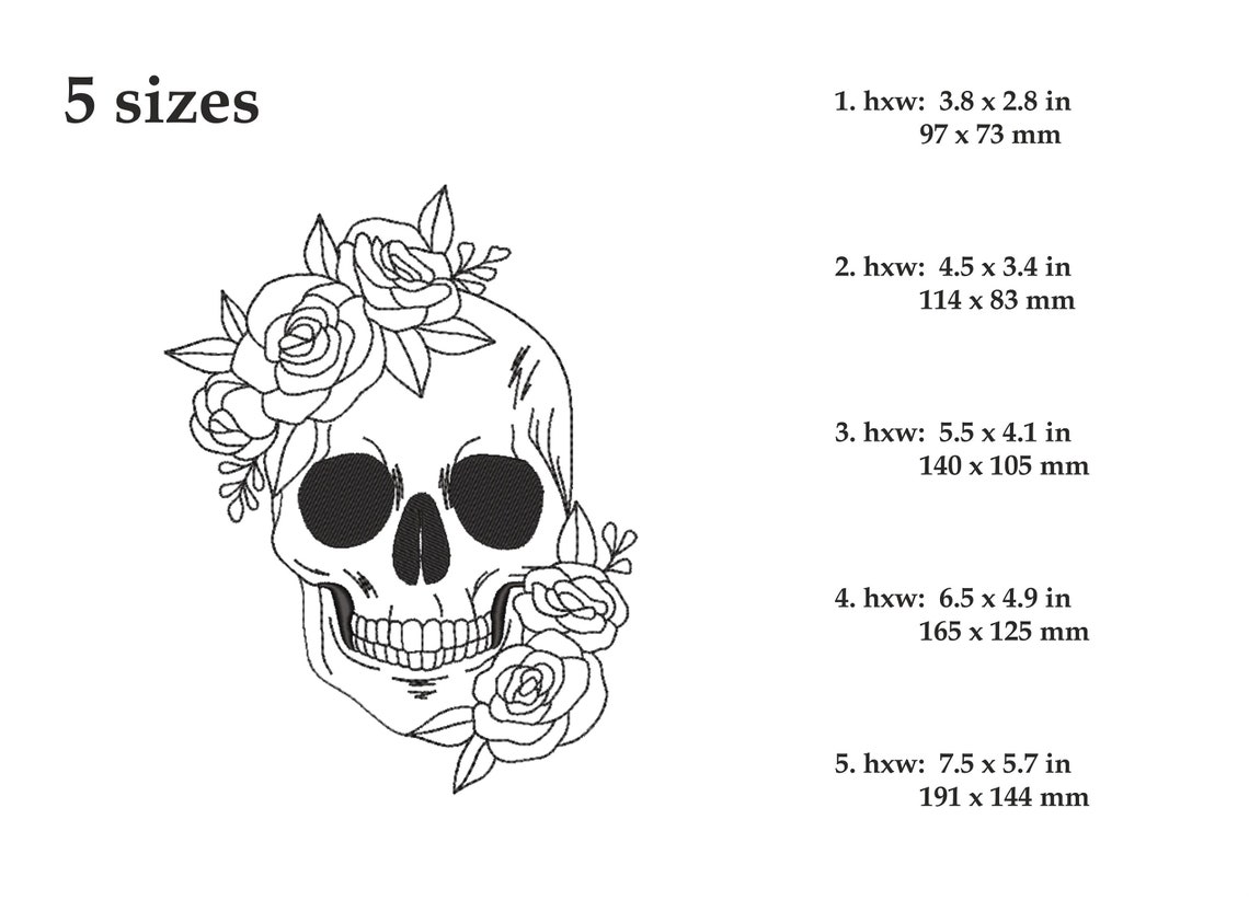 Skull With Flowers Embroidery Design 5 Sizes Instant | Etsy