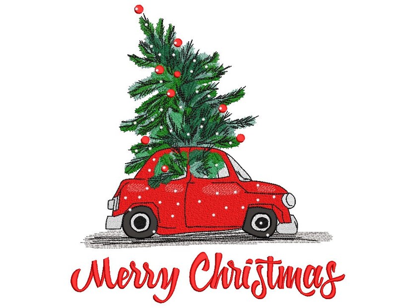 Merry Christmas Embroidery Design, Christmas Car With Tree Embroidery ...