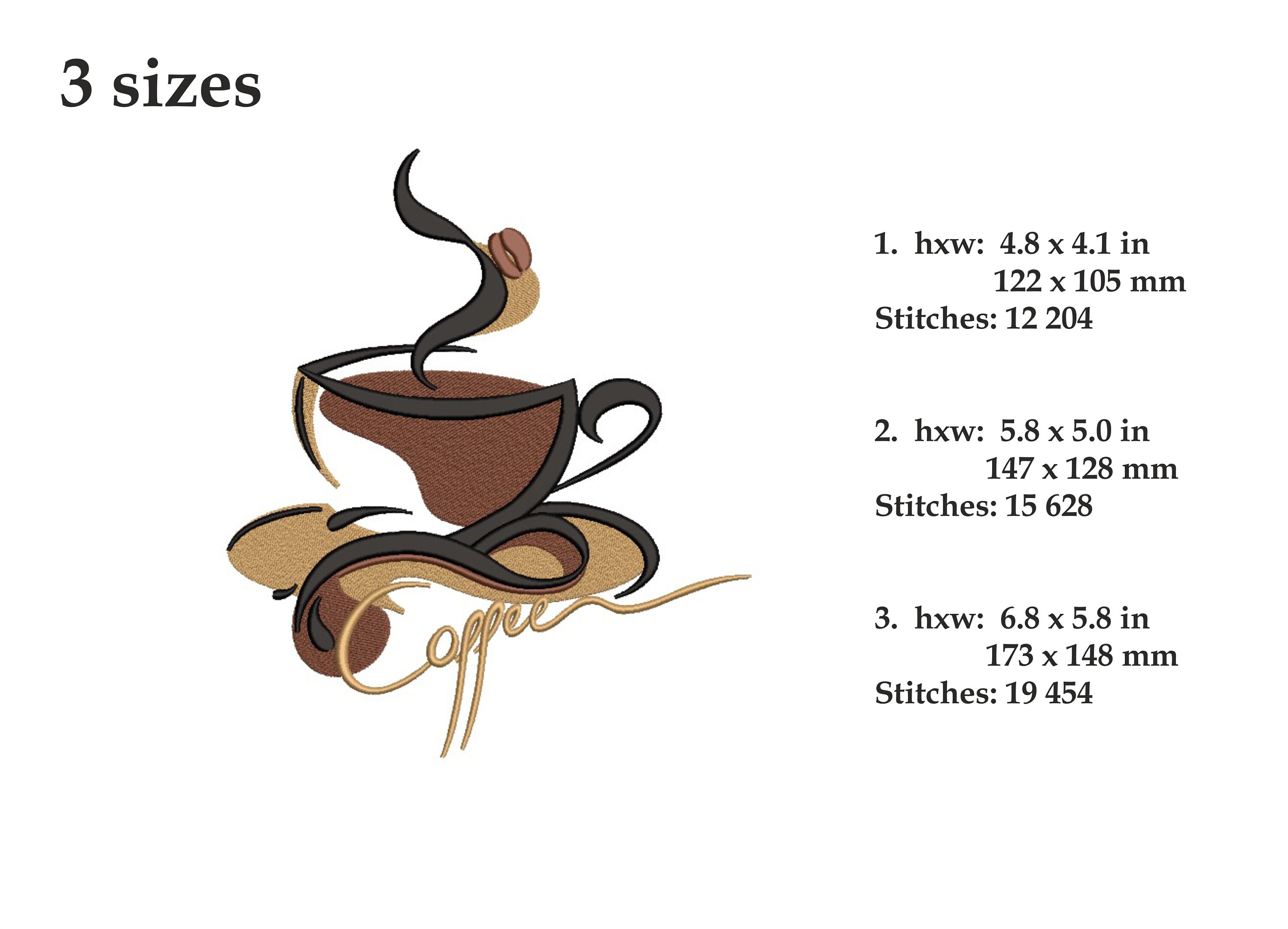 Coffee Embroidery Design 3 Sizes Instant Download - Etsy