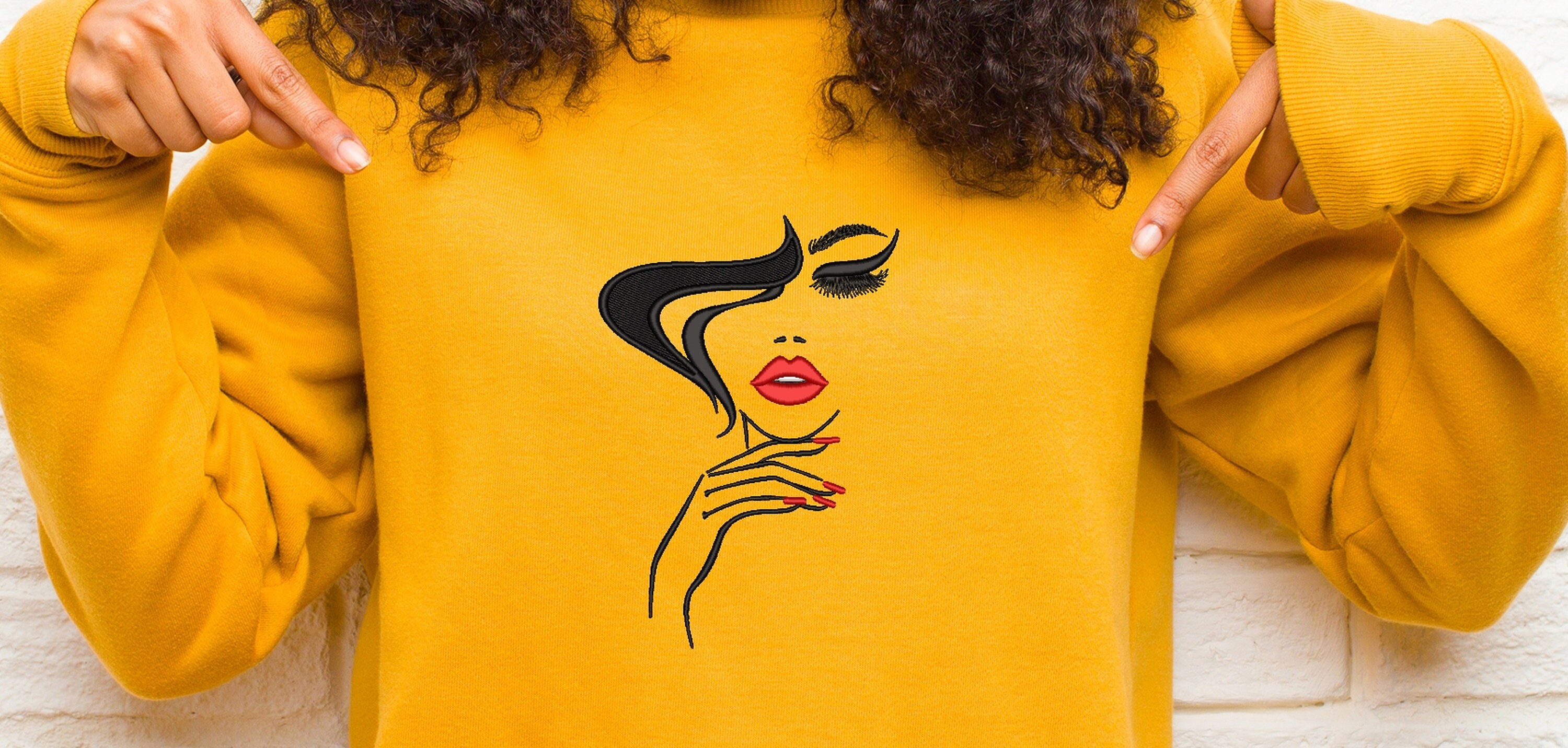 Beautiful Woman Face With Red Lips Embroidery Design, Lush Eyelashes ...