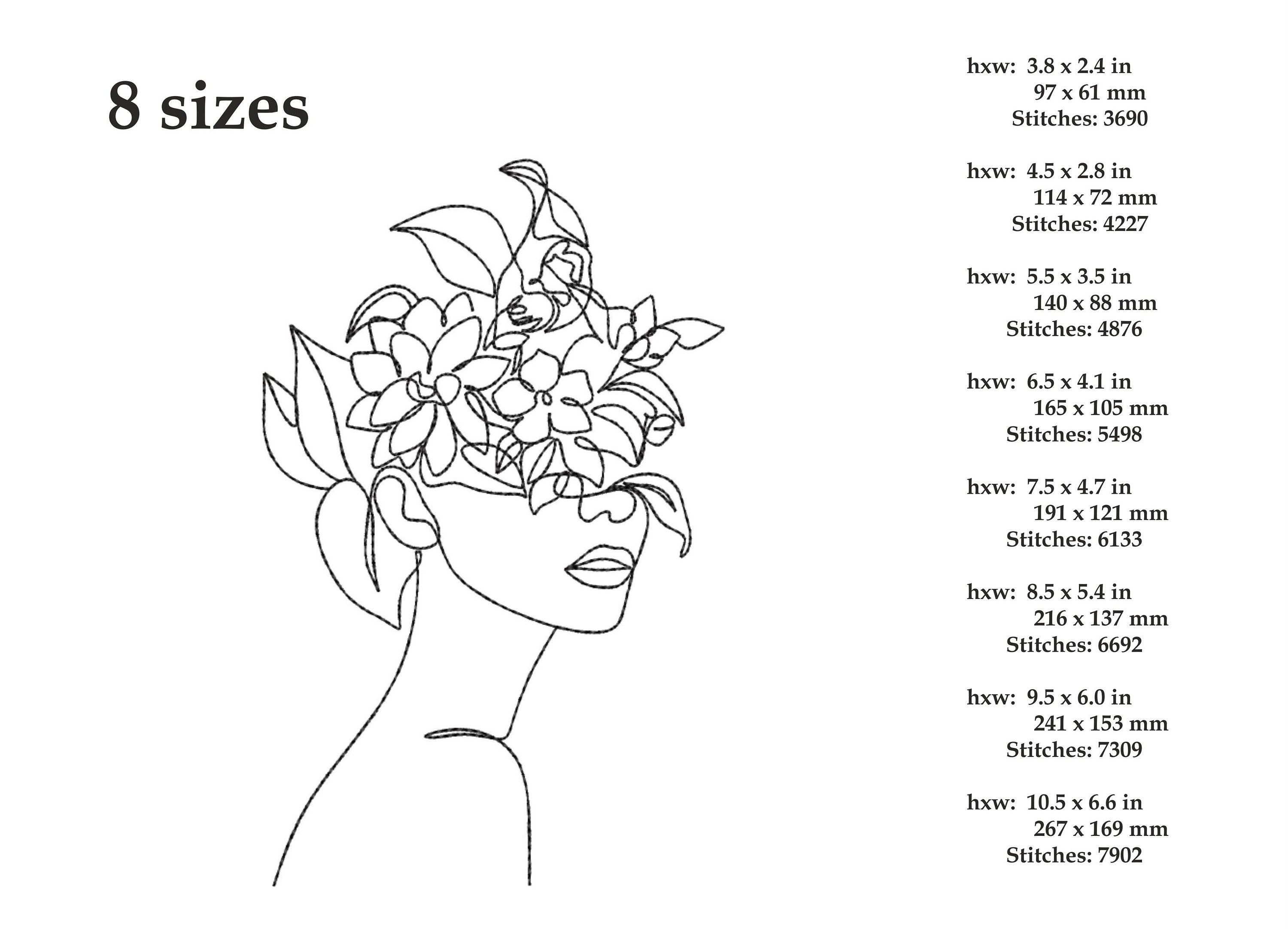 Woman With Flowers Embroidery Design, One Line Art Embroidery Design, 8 ...