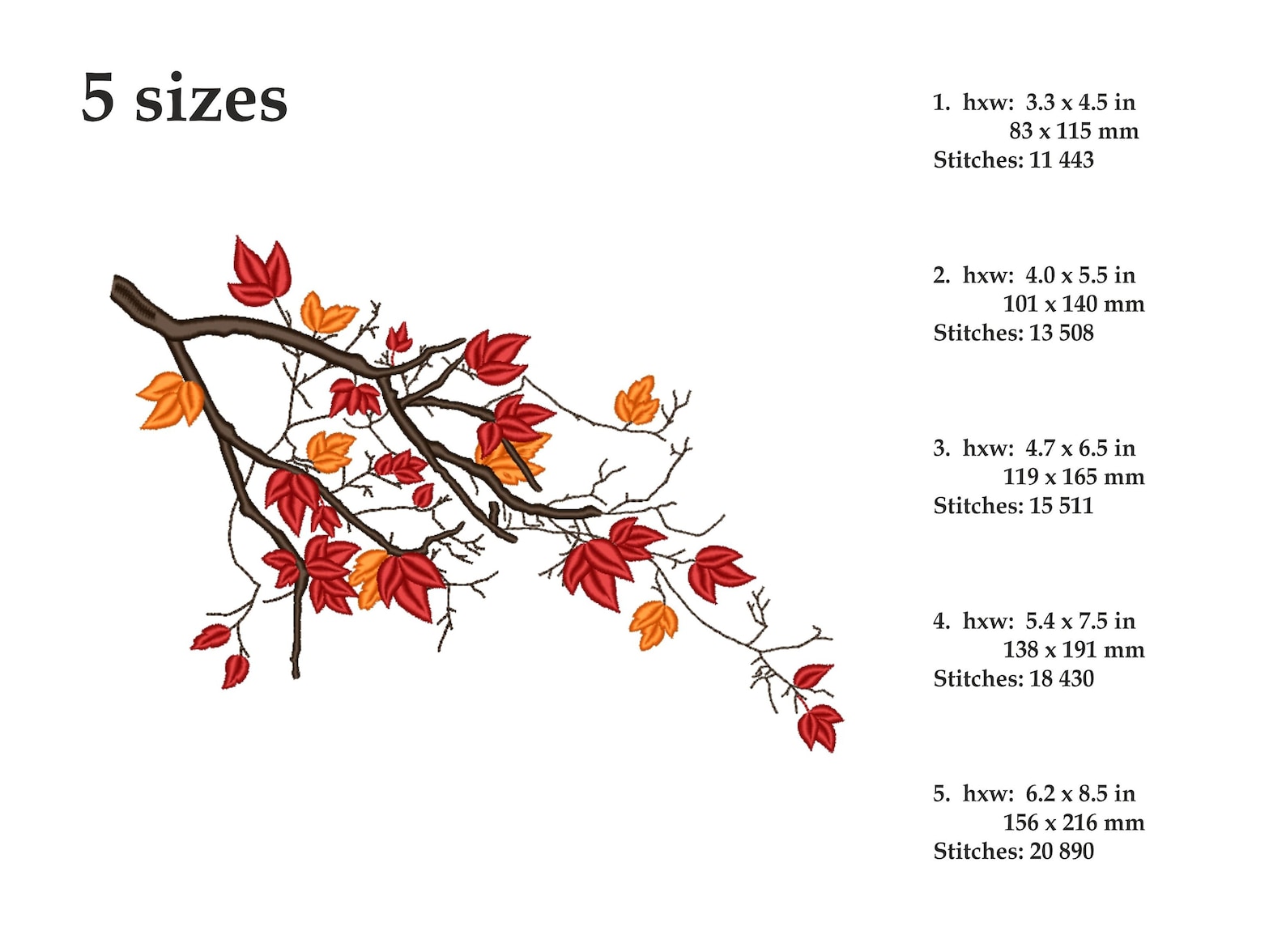 Autumn Branch Embroidery Design 5 Sizes Instant Download - Etsy