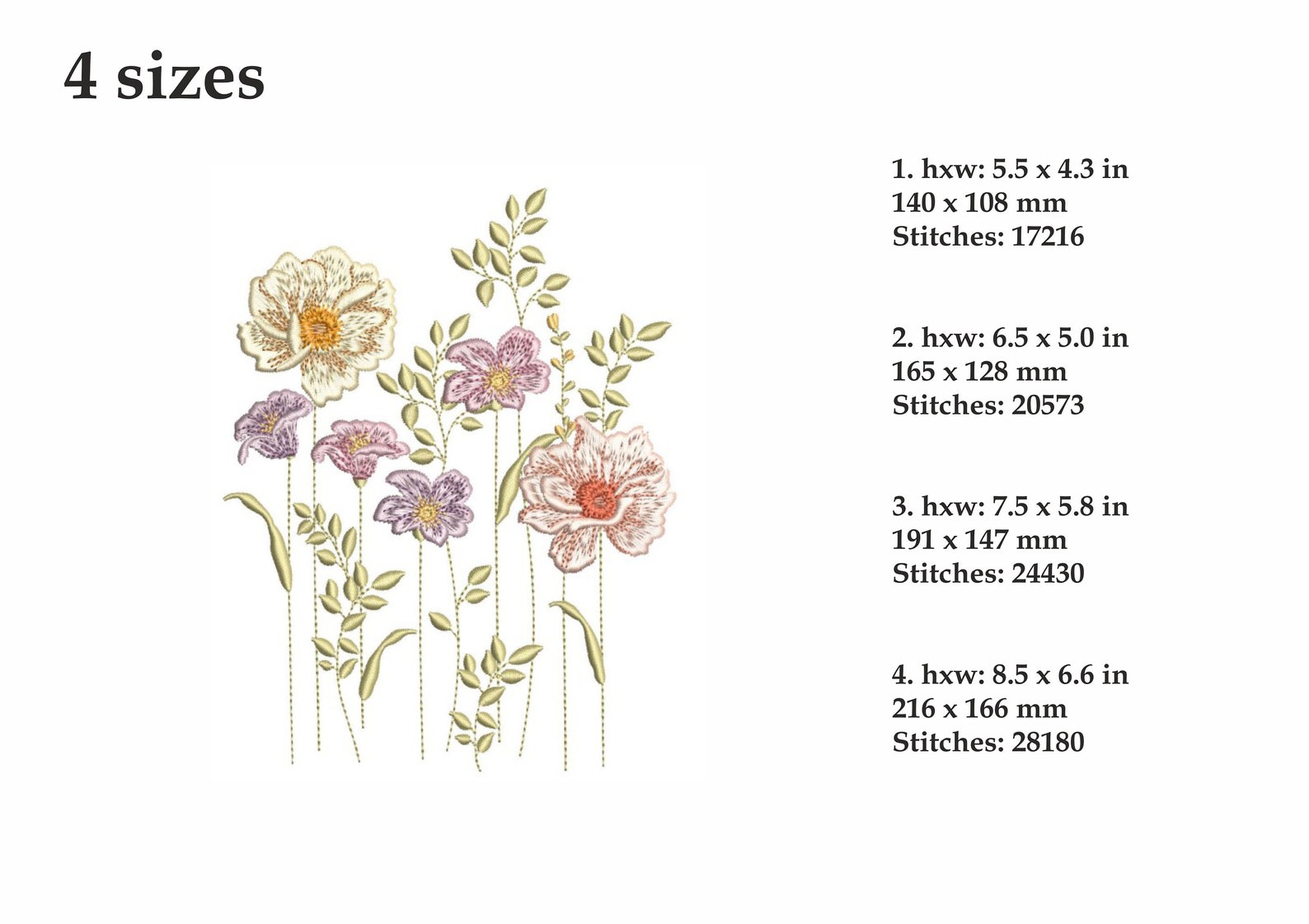Flowers Machine Embroidery Design, 4 Sizes, Instant Download - Etsy
