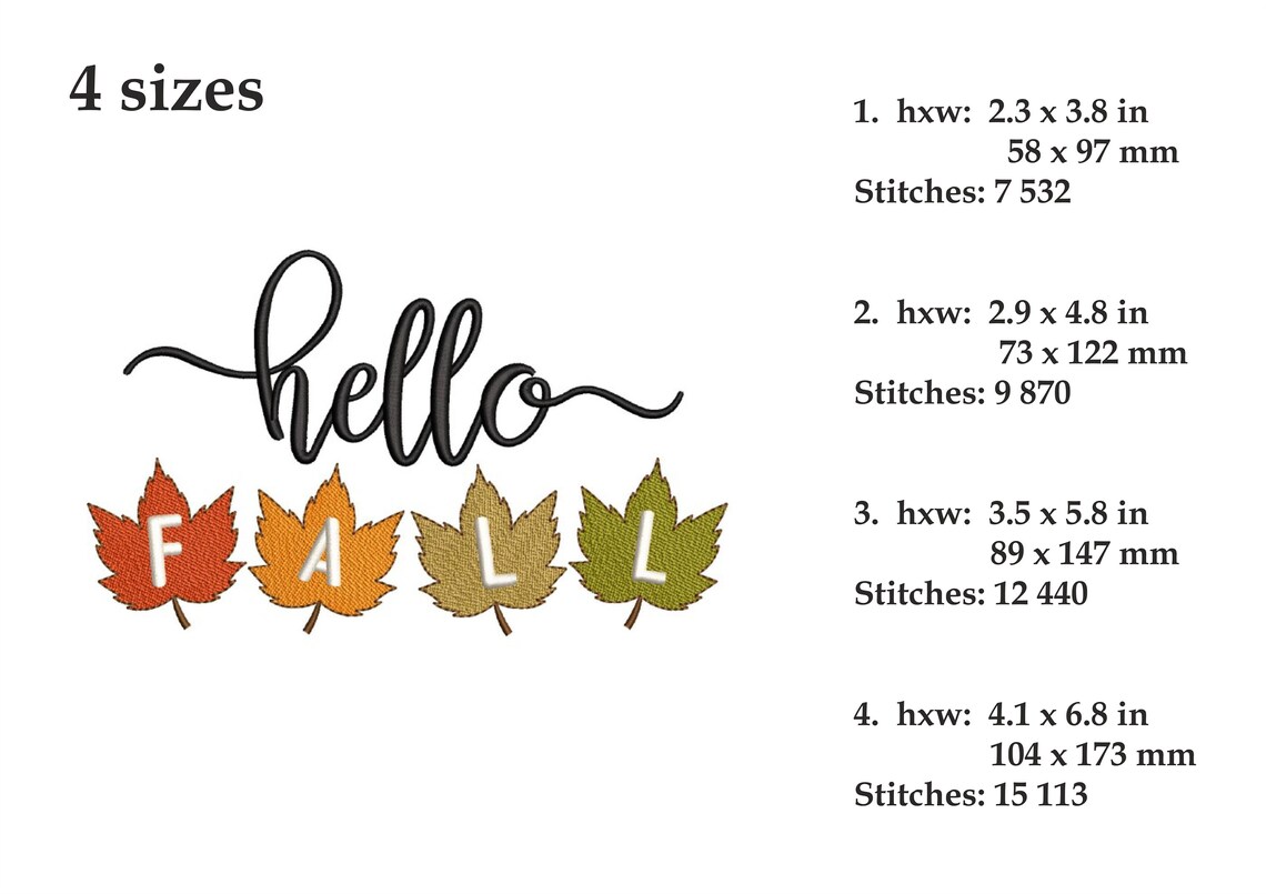 Hello Fall Machine Embroidery Design, Autumn Embroidery Design, 4 Sizes ...