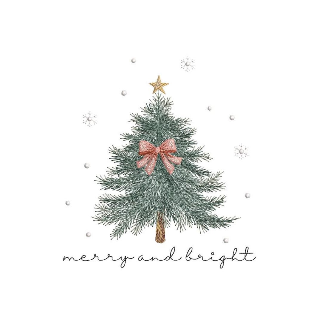 Merry and Bright Bow Christmas Tree Embroidery Design, 3 Sizes, Instant ...