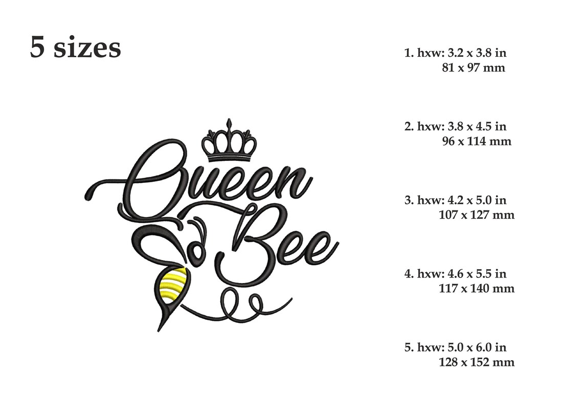 Queen Bee Embroidery Design 5 Sizes Instant Download - Etsy