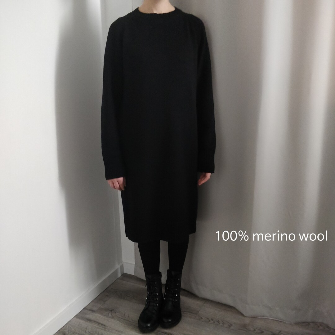 Black Merino Wool Midi Dress. Hand Knit Raglan Black Dress. Black ...