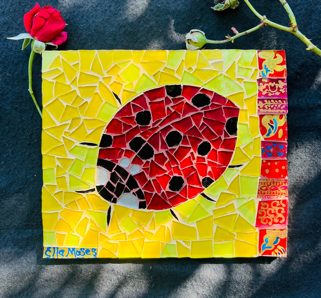 Ladybug Cute Garden or Kitchen Glass Mosaic, Mosaic Hanging, Red ...