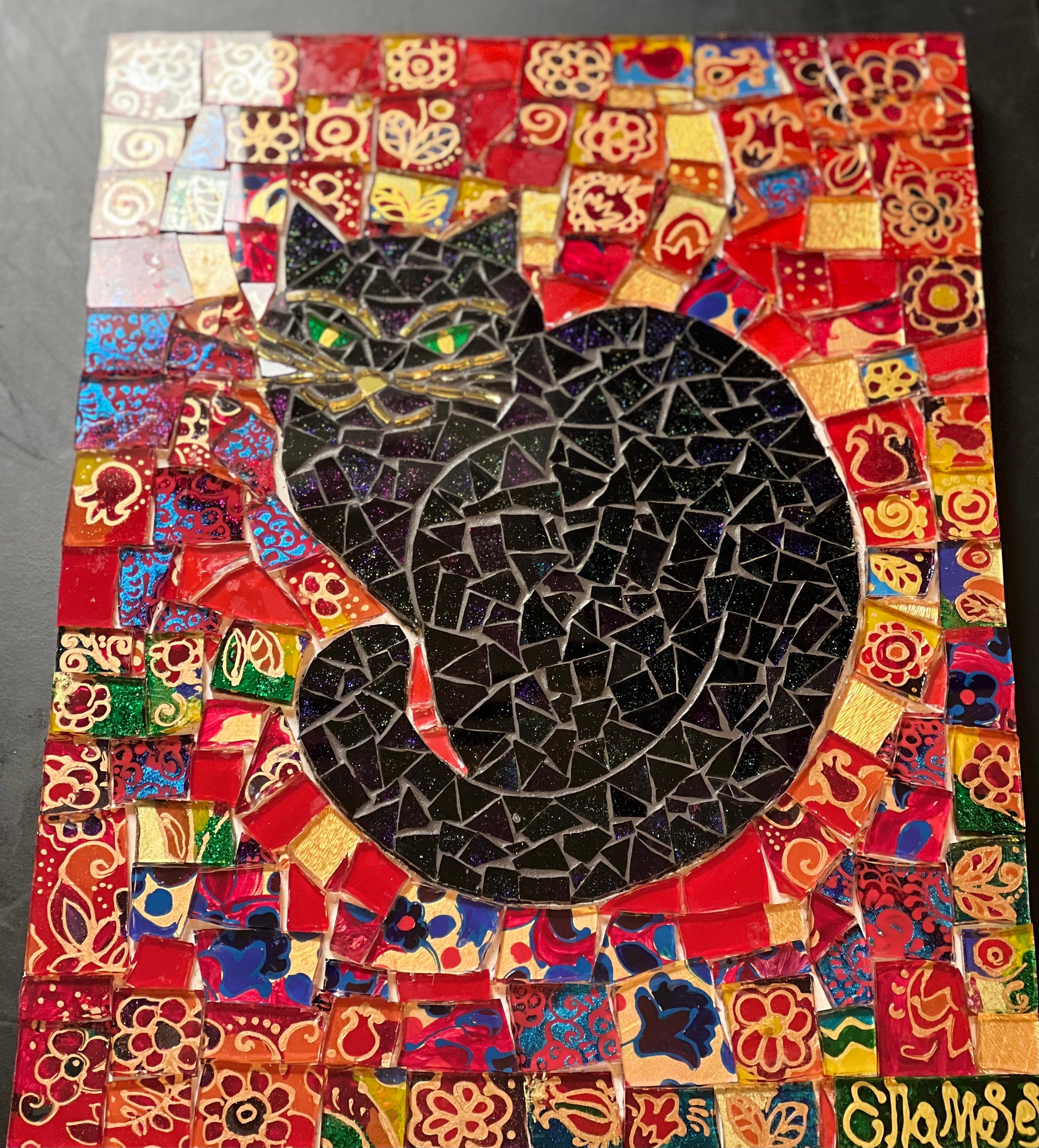Black Cat With Green Eyes Glass Mosaic, Cat With Flowers, Ornament ...