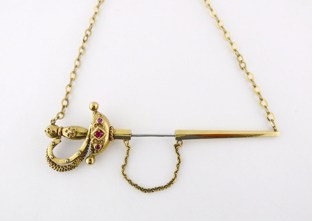 Vintage 18K Yellow Gold & Ruby Sword Pendant Necklace Vintage Brooch ...