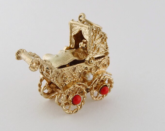 Vintage 14K Yellow Gold Stroller With Baby Ornate Movable Charm |baby ...