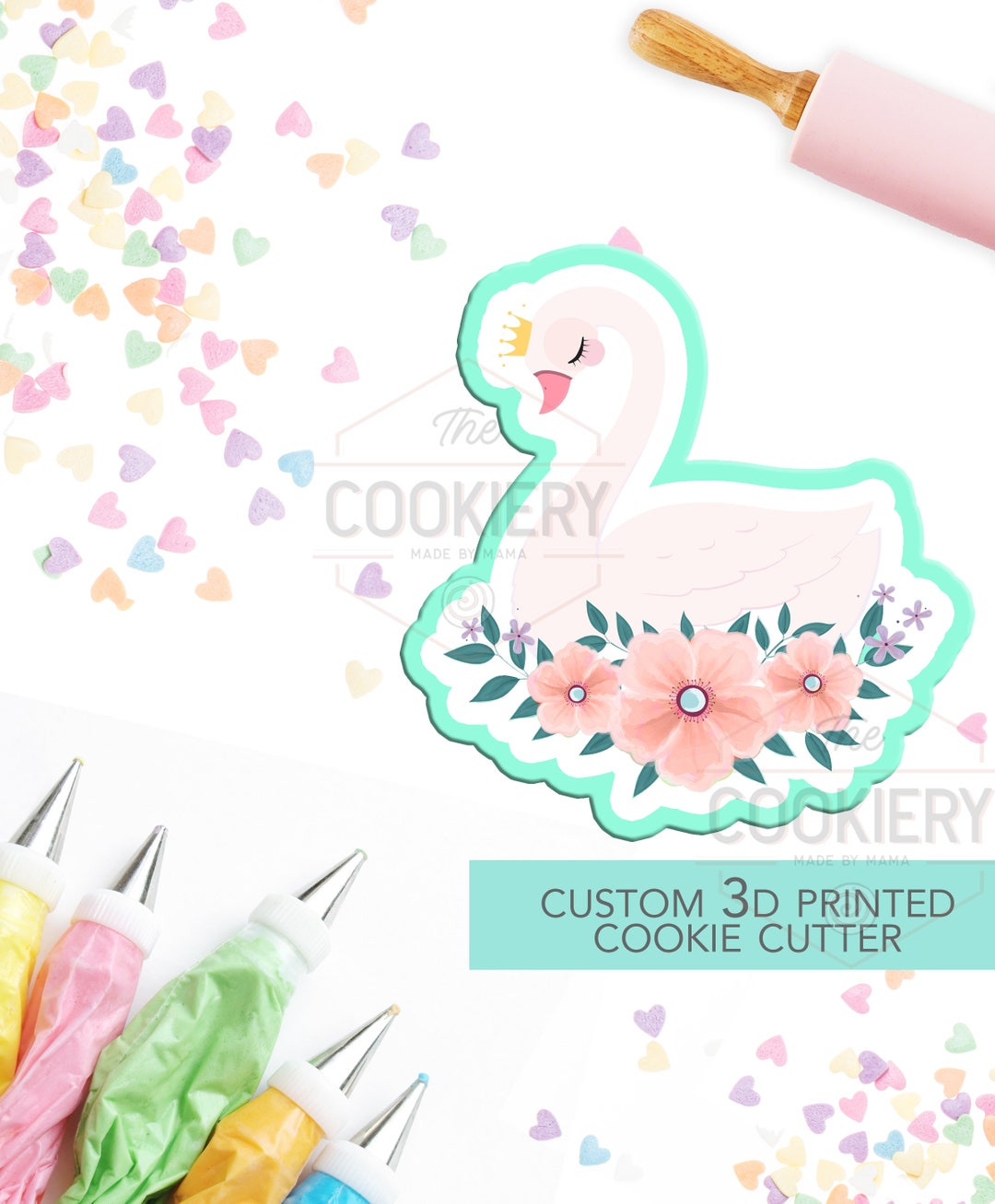 Swan Princess Cookie Cutter - Swan With Flowers Cookie Cutter - 3D ...