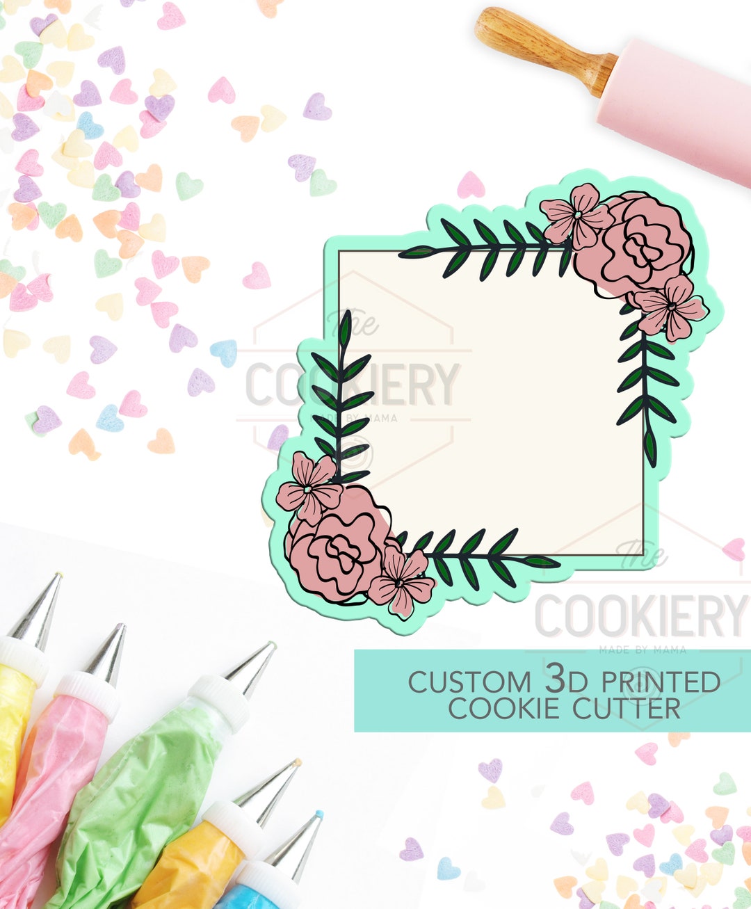 Floral Square Plaque Cookie Cutter - Floral Plaque Cookie Cutter - 3D ...