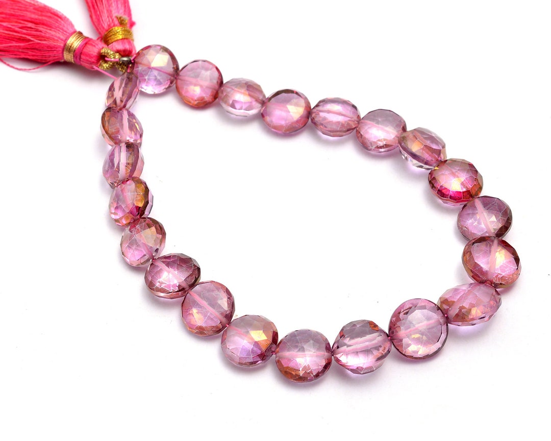 Pink Topaz Faceted Coin Shape Beads, 7.5 Inches, AA Quality, Handmade ...
