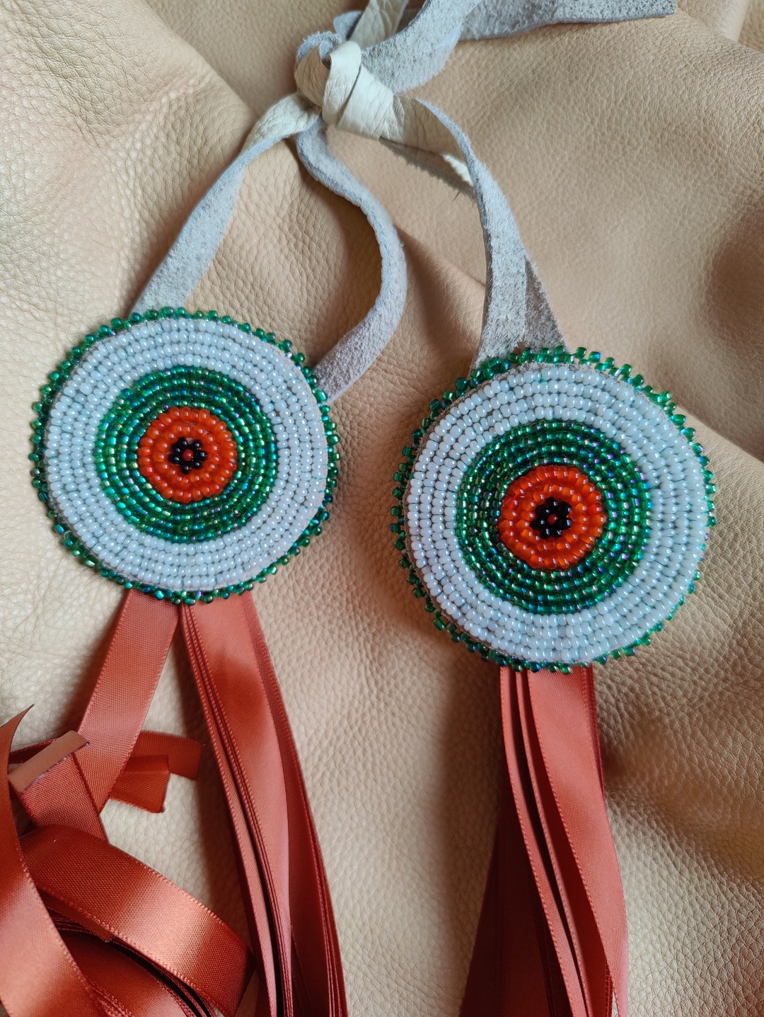 Green Powwow Hairties, Side Drops, Sequinned Hair Ties, Beaded, Fancy ...
