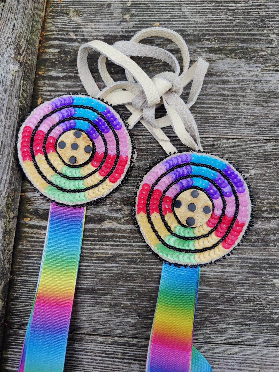 Rainbow Powwow Hairties, Side Drops, Sequinned Hair Ties, Beaded, Fancy ...