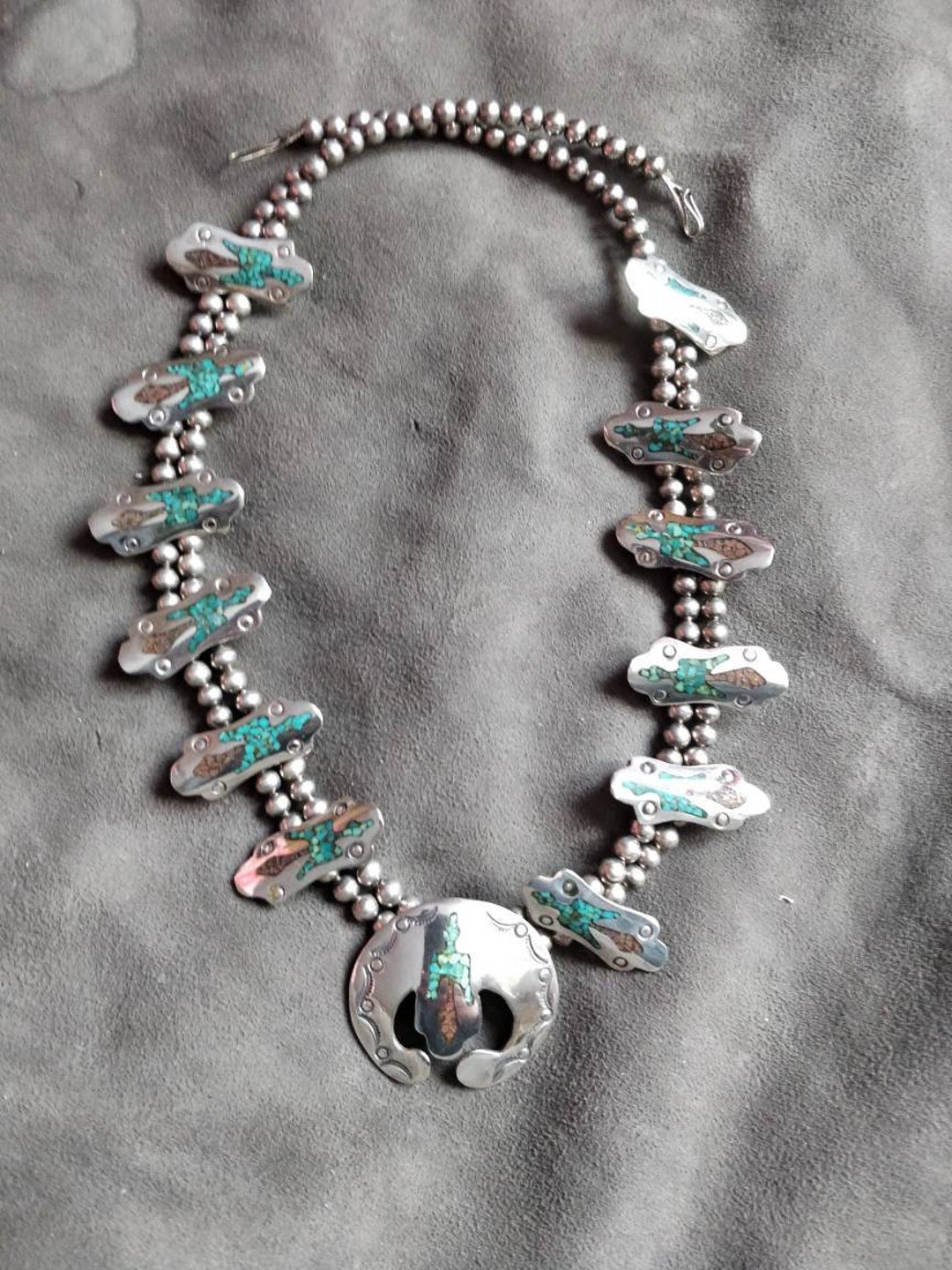 Native American Waterbird Squash Blossom Necklace, Vintage Southwest ...