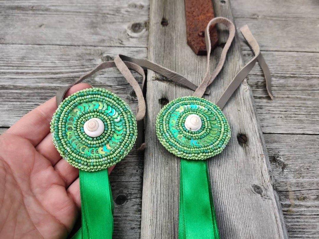 Green Powwow Hairties, Side Drops, Sequinned Hair Ties, Beaded, Fancy ...