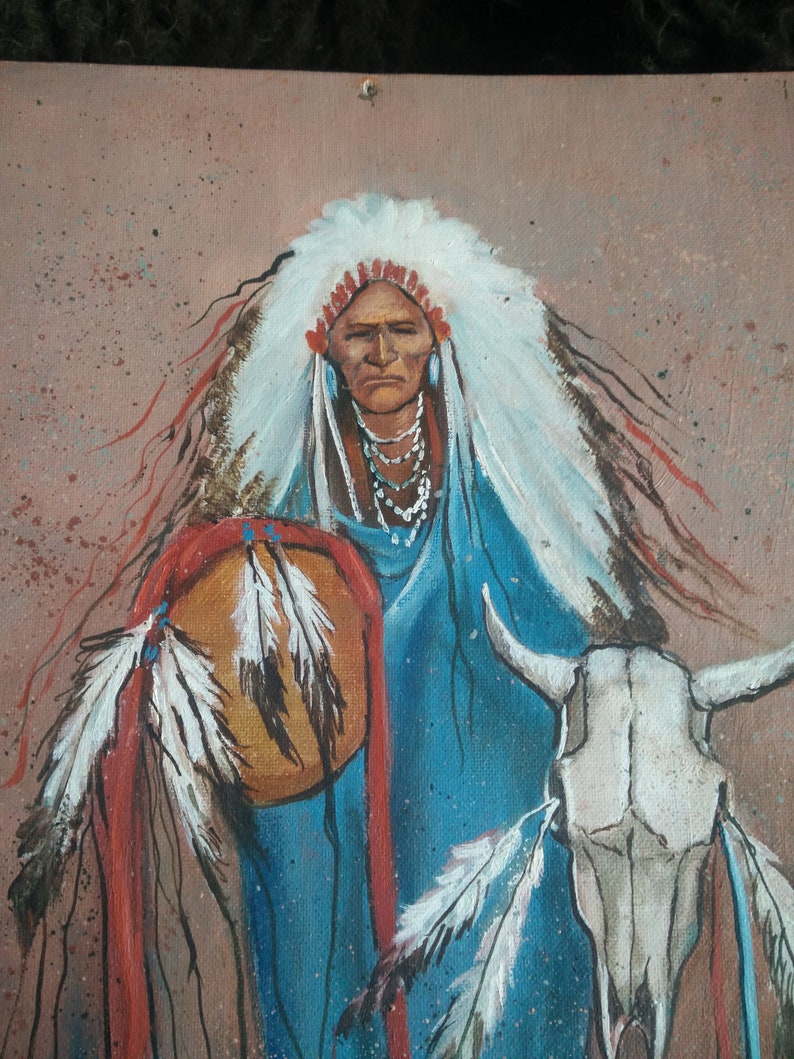 Native American Artwork, Warrior Painting With Leather Headdress ...
