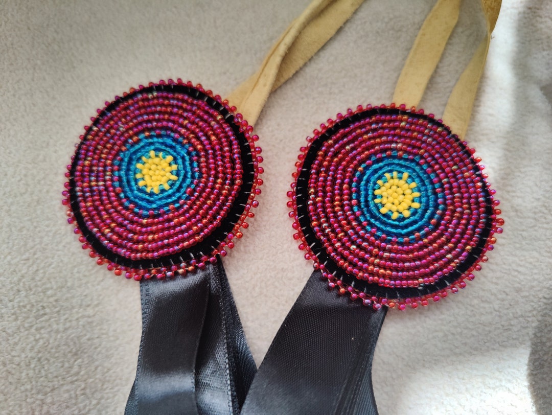 Blue and Yellow Powwow Hairties, Side Drops, Rosette Hair Ties, Beaded ...