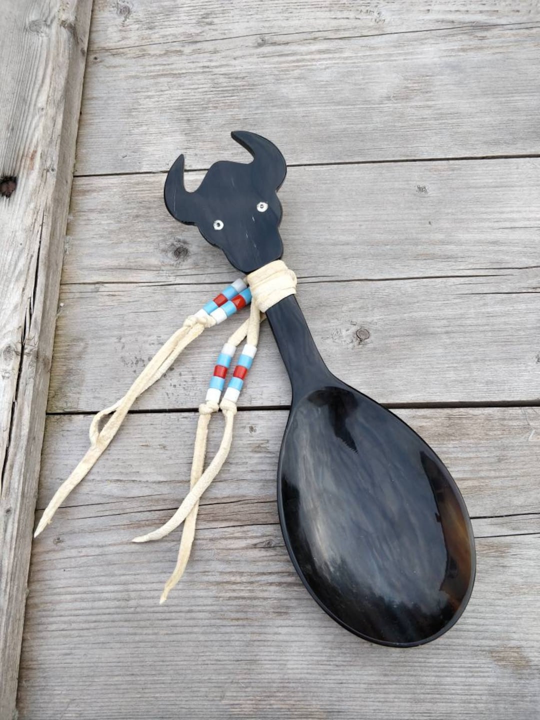 Vintage Plains Indian Reproduction Spoon, Horn Spoon With Buffalo ...