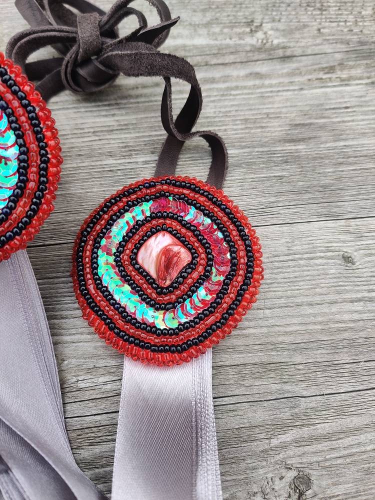 Red Powwow Hairties, Side Drops, Sequinned Hair Ties, Beaded, Fancy ...