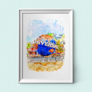 Universal Studios Globe Watercolour Sketch Print, Universal Orlando ...
