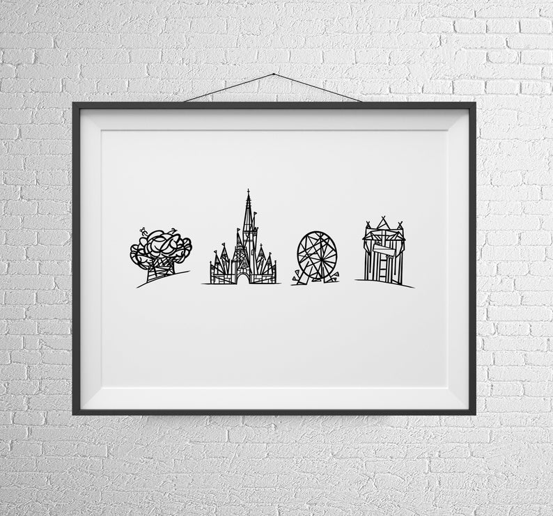 Four Parks, Line Art Disney Print, Pastel Colours, Disney Poster ...