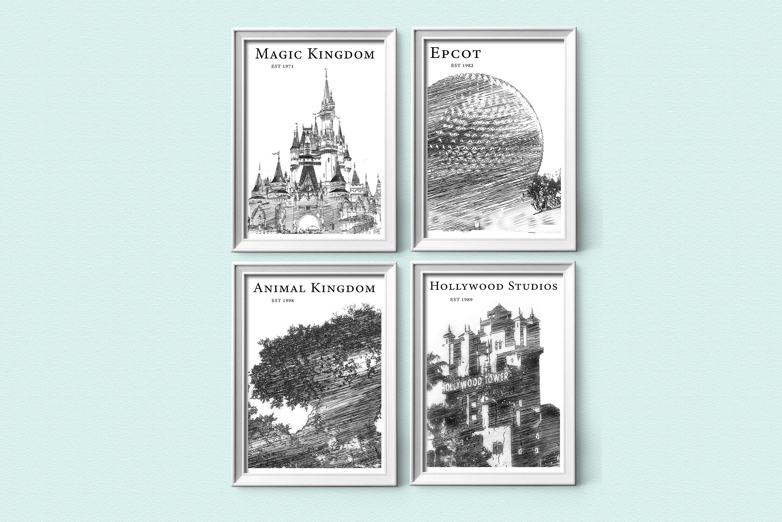 Modern Sketch Disney World Prints Portrait Set of Four Black - Etsy