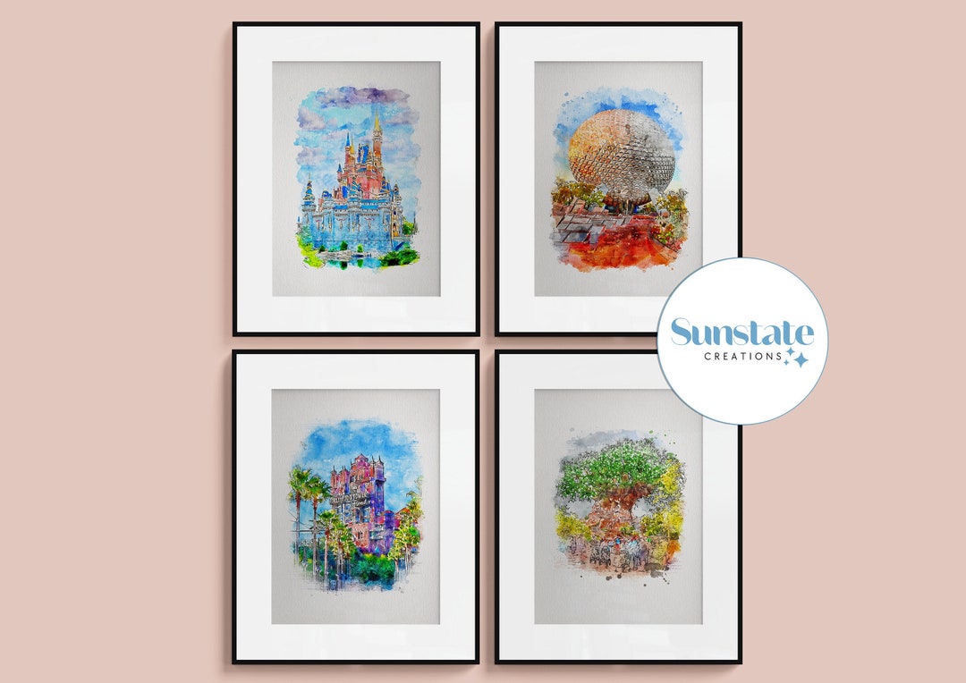 Disney Prints, Walt Disney World Prints, Four Parks Prints, Set of Four ...