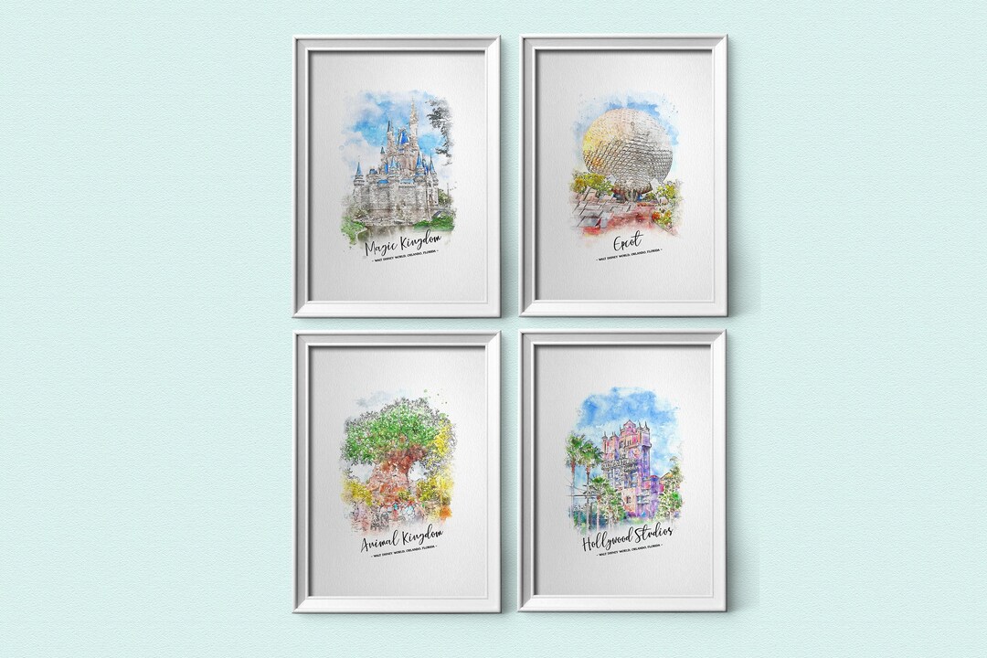 Four Parks Watercolour Style Disney Prints, Walt Disney World Park ...
