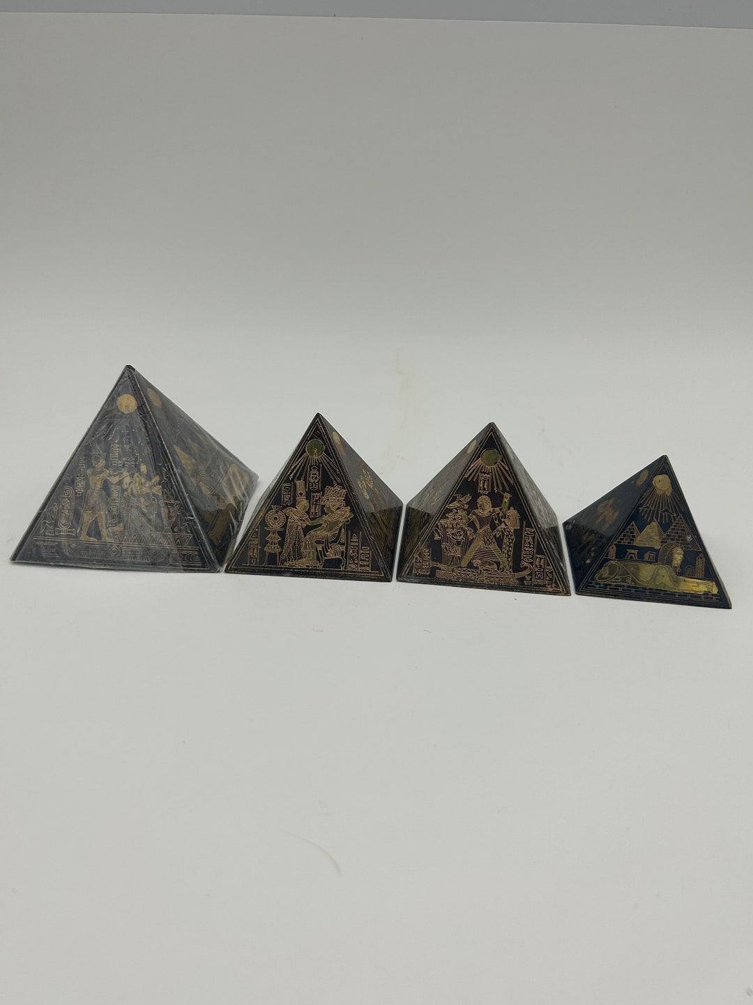 4 Vintage Egyptian Etched Brass Souvenir Pyramid Paperweights ...
