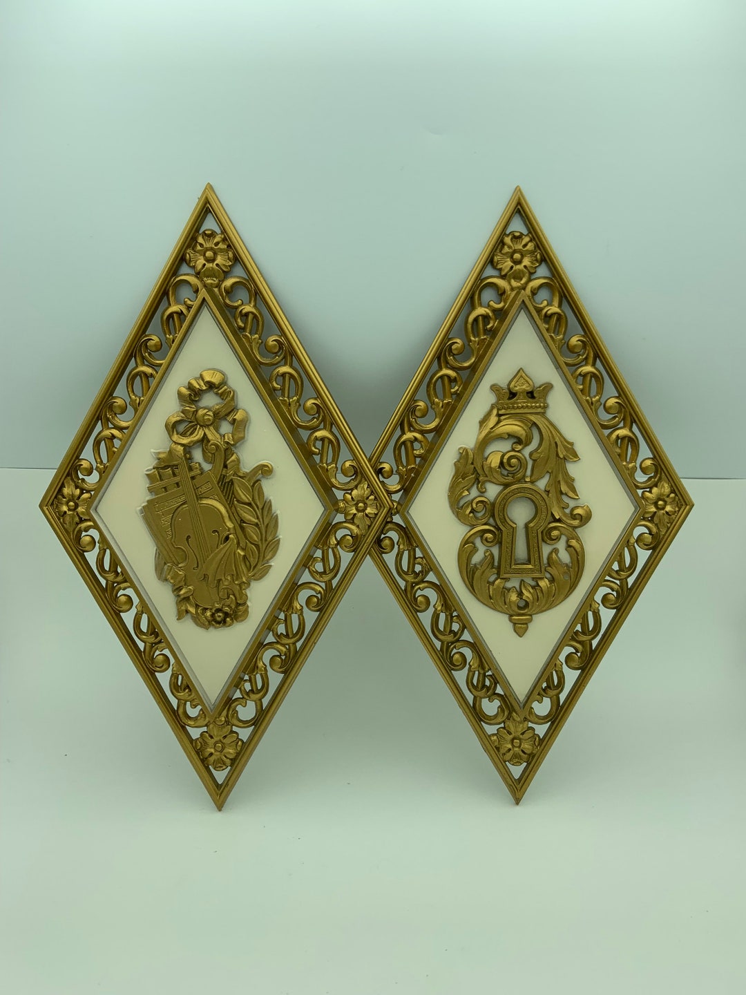 2 Vintage Syroco Inc. Diamond Shaped Plastic Resin Gold & White 8" X 14 ...