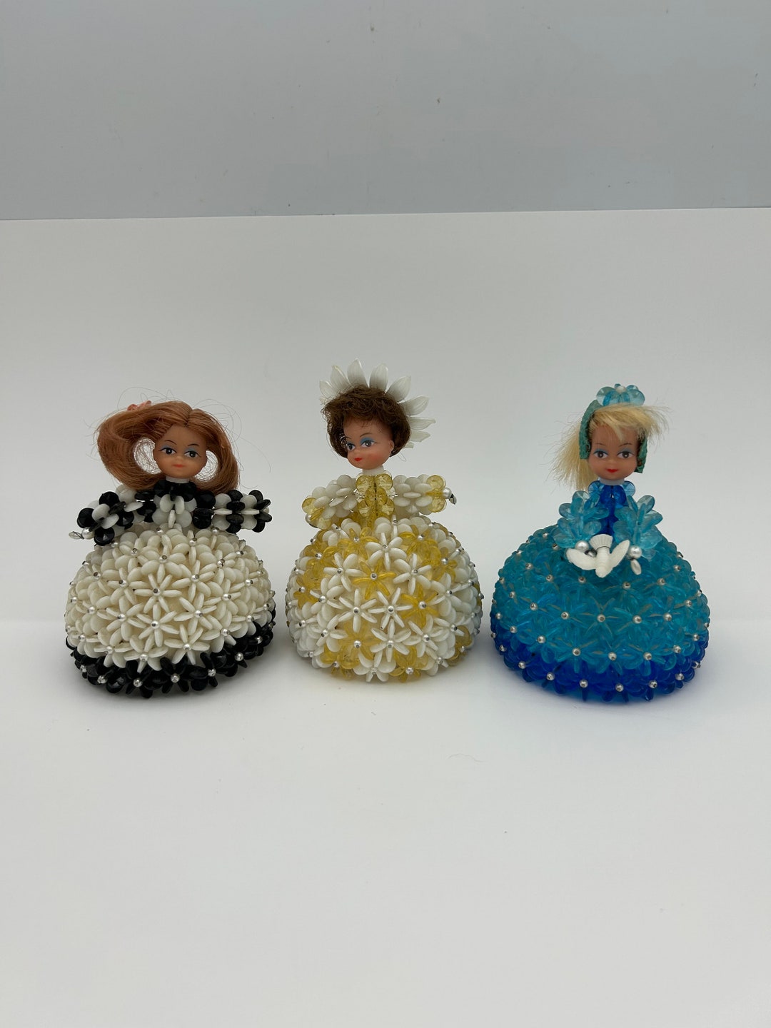 Vintage 3-piece Set Handmade Pin Art Beaded Collectible Styrofoam Dolls ...