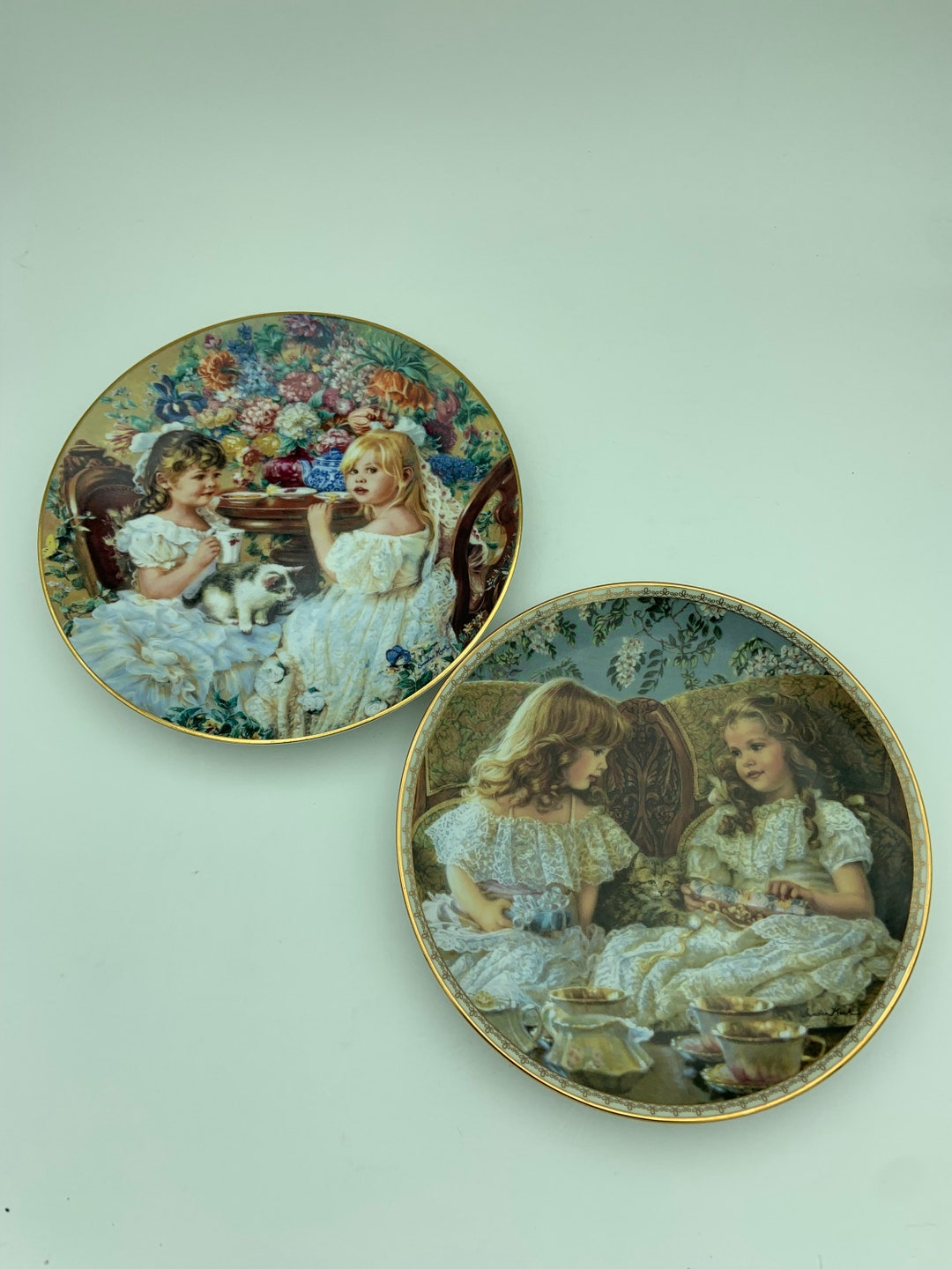 Two Vintage Reco Sandra Kuck Young Girls With Kittens 8" Collectible ...