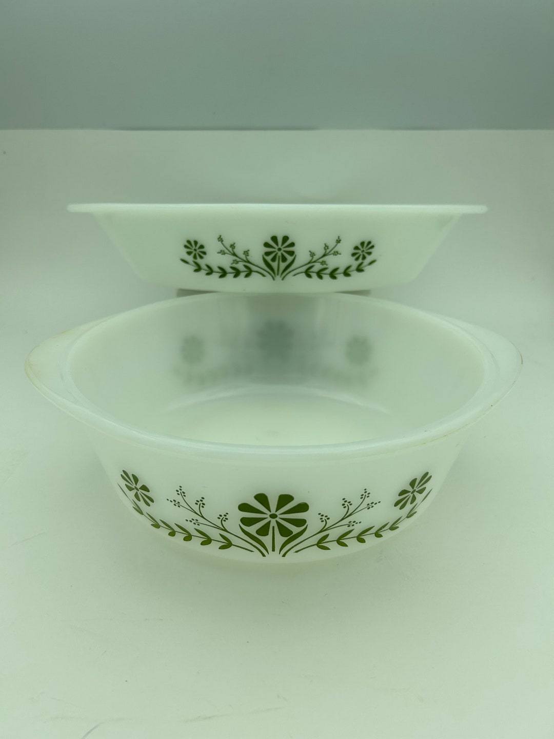 Vintage 2-piece Glasbake Milk Glass Green Floral Daisy Bakeware Set ...