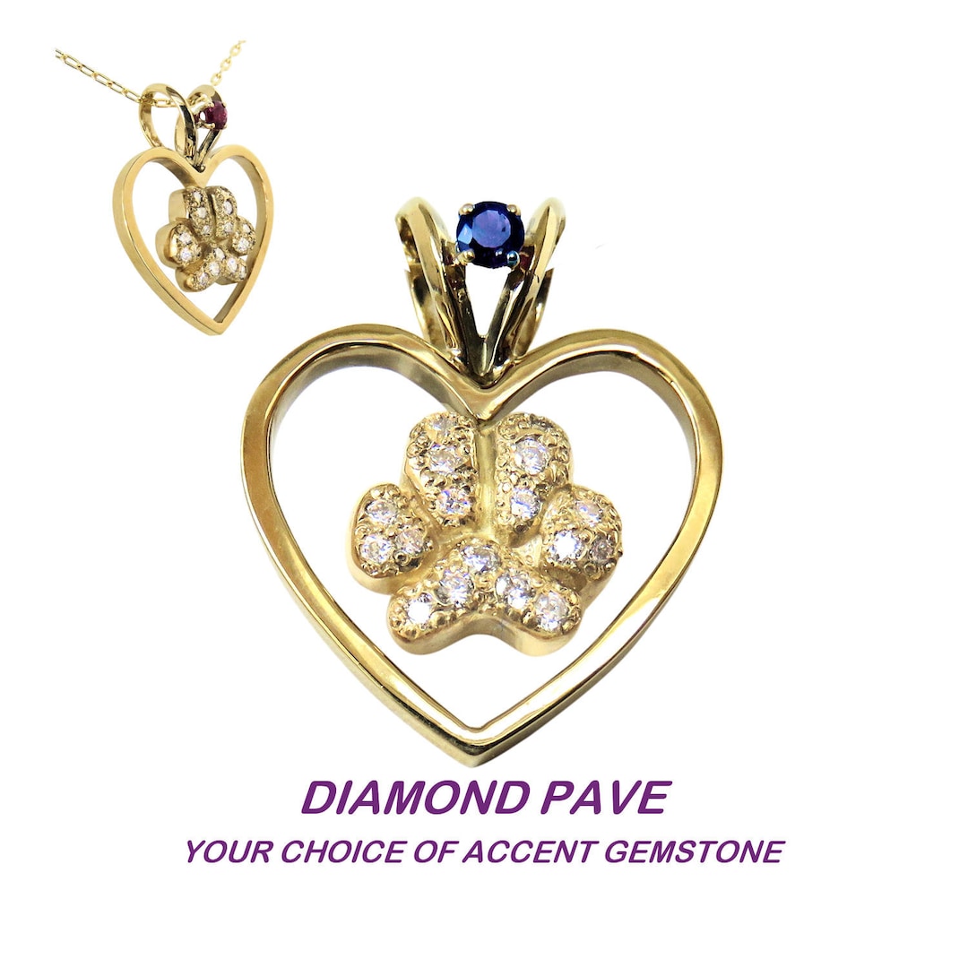 14K Gold Heart With Genuine Diamond Pave Paw and Your Choice - Etsy