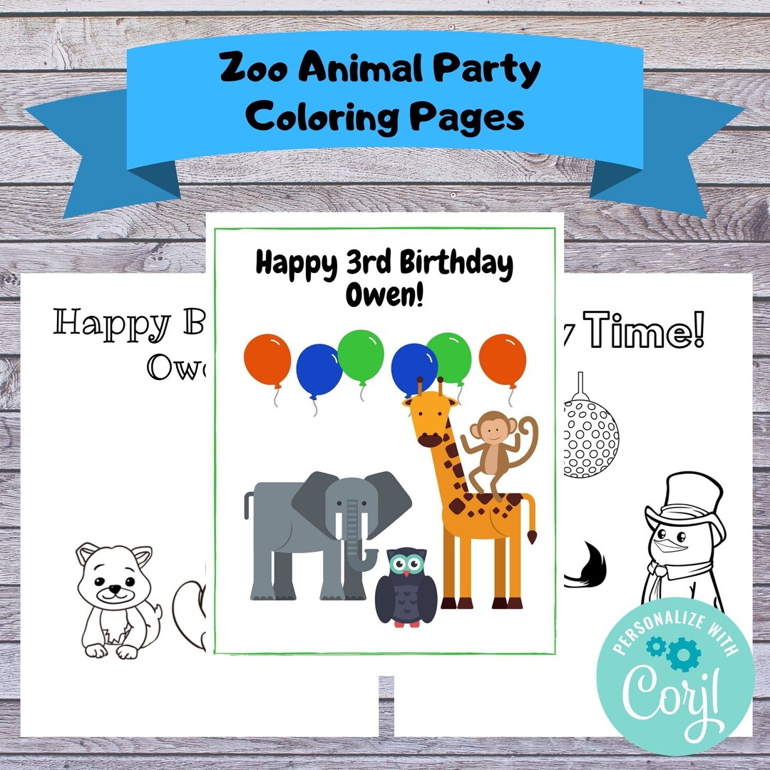Zoo Animal Party Coloring Pages - Virtual Party Activity - Party Favor ...