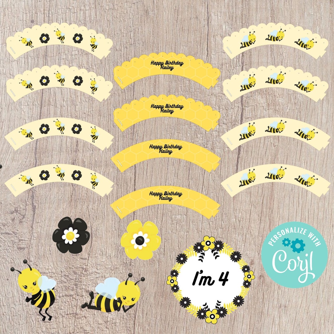Bee-day Party Cupcake Toppers and Wrappers Printable Editable INSTANT ...