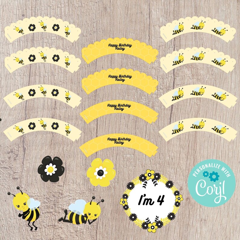 Bee-day Party Cupcake Toppers and Wrappers Printable Editable INSTANT ...