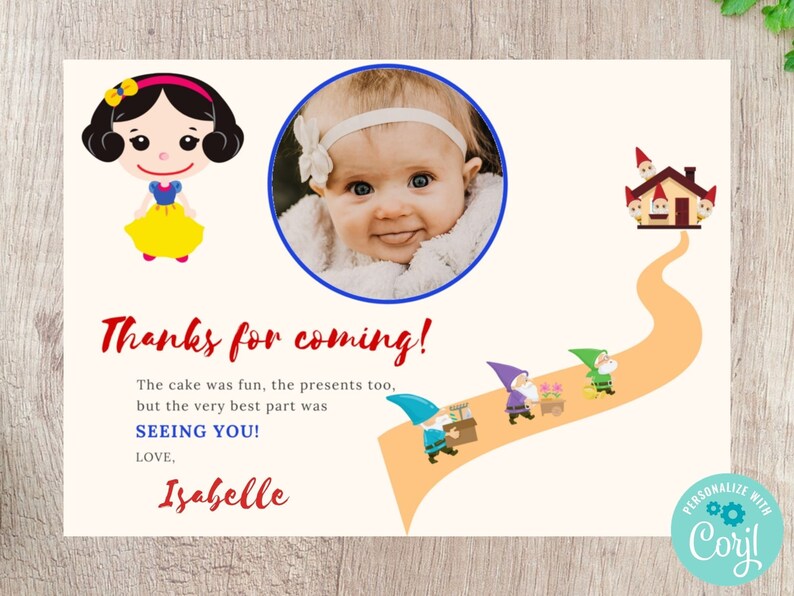 Snow White Photo Birthday Thank You Card Editable INSTANT DOWNLOAD ...