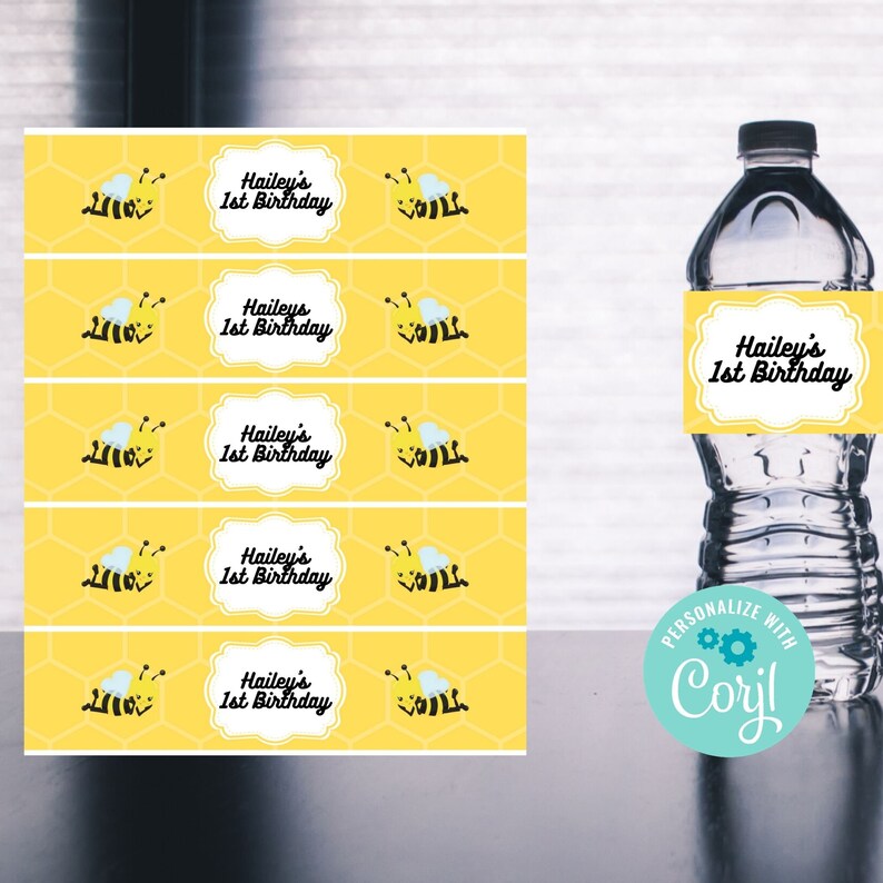 Bee-day Party Water Bottle Label Printable Editable INSTANT - Etsy