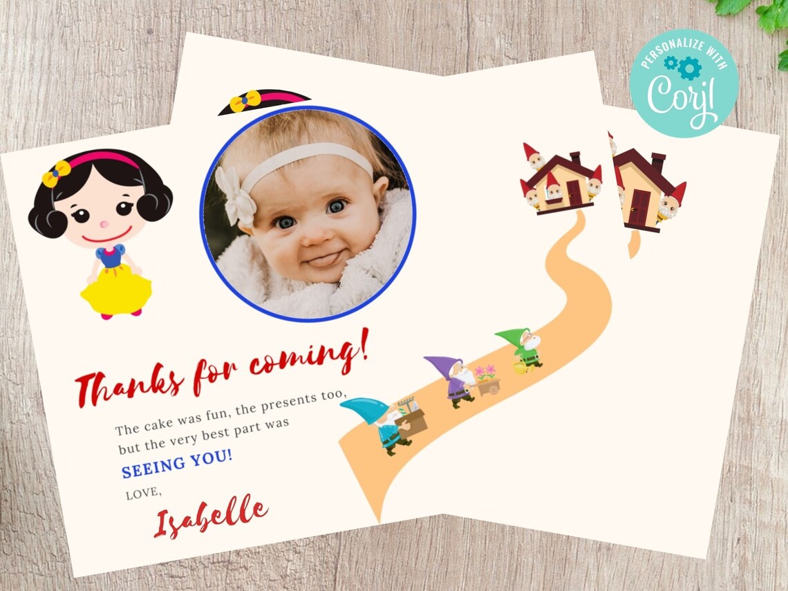 Snow White Photo Birthday Thank You Card Editable INSTANT DOWNLOAD ...