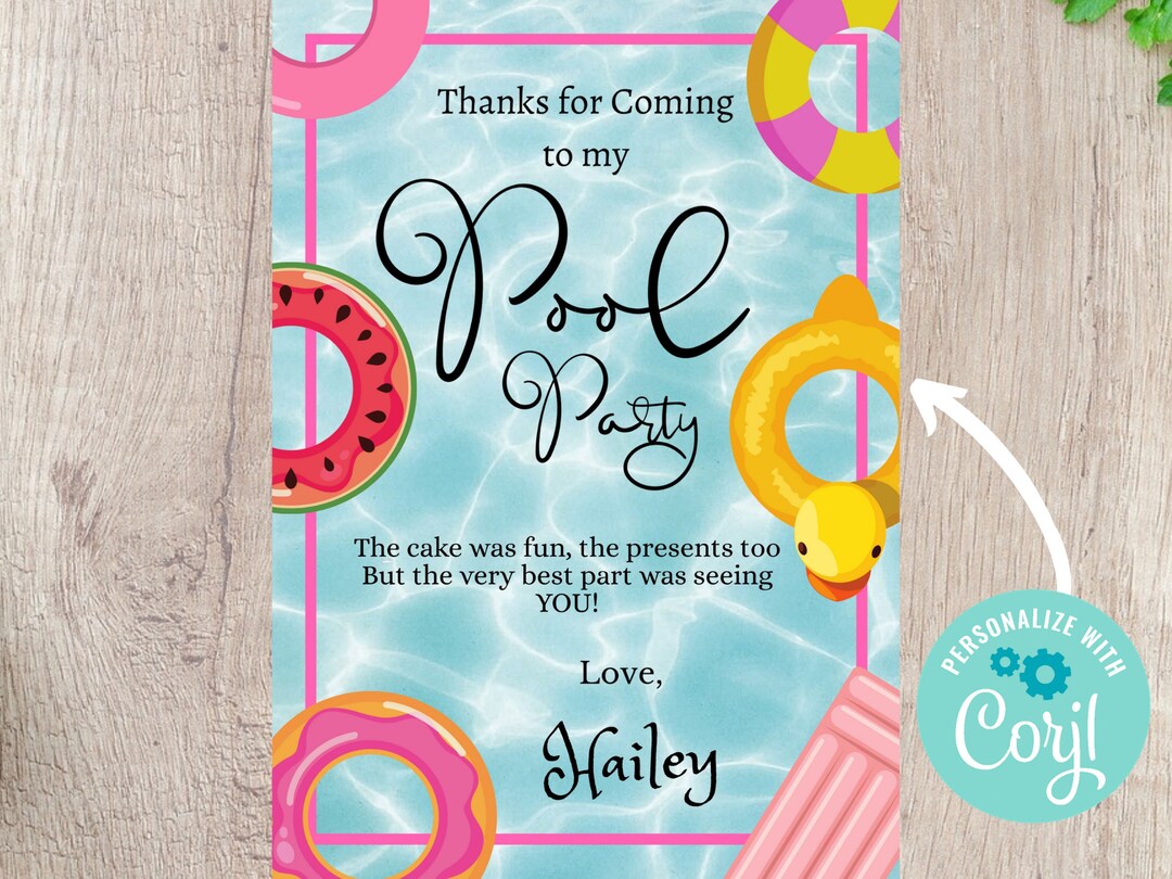 Pool Floatie Vertical Birthday Thank You Card Fully Editable - Etsy