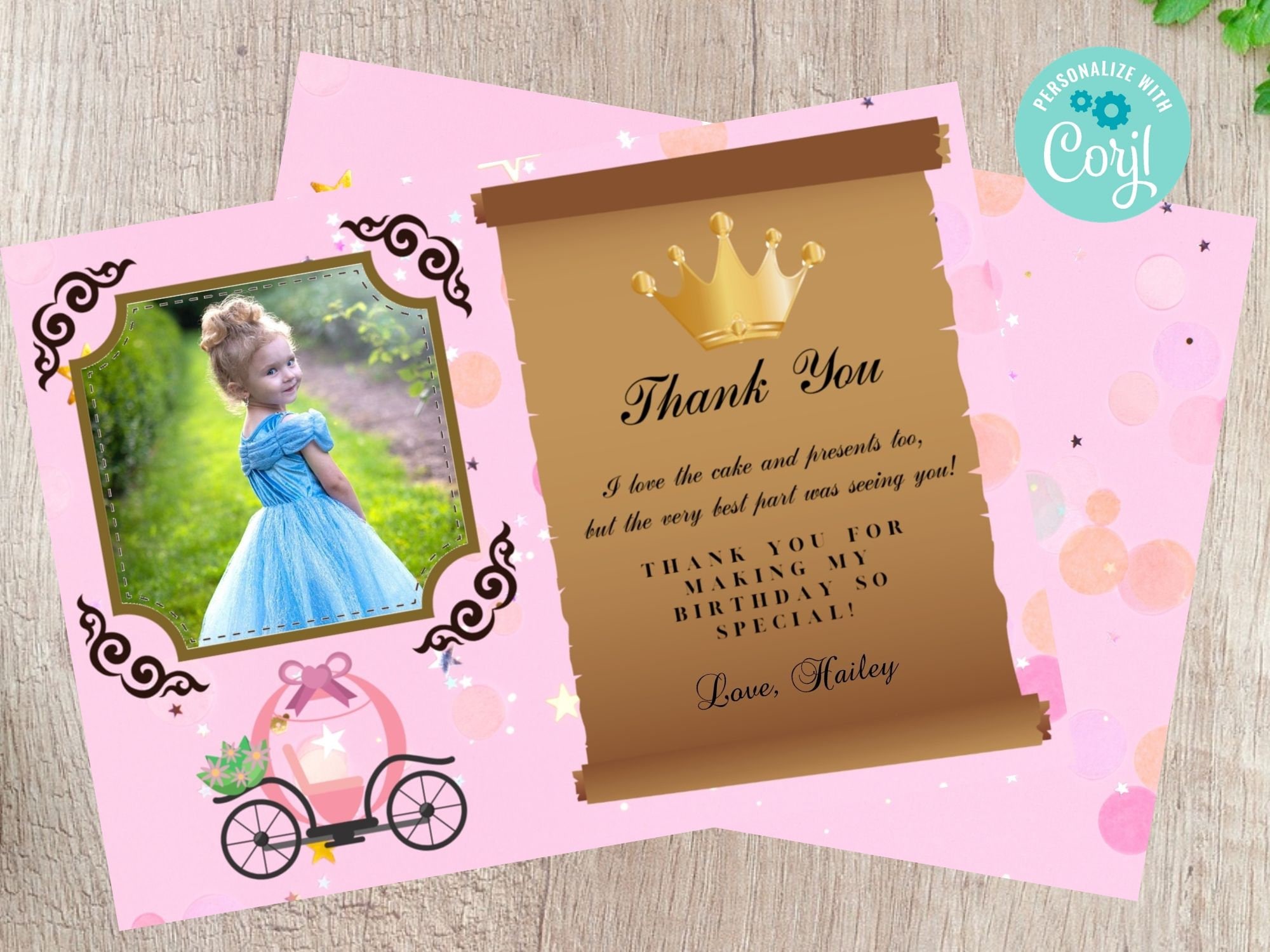 Pink Princess Photo Birthday Thank You Card - Editable INSTANT DOWNLOAD ...