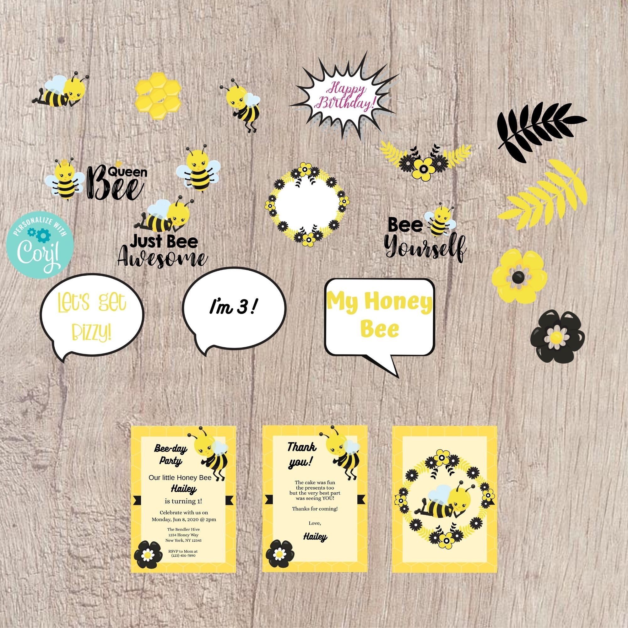 Bee-day Party Bundle Printable Editable INSTANT DOWNLOAD Invitation ...